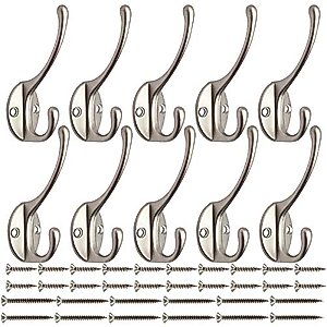 IBosins 10 Pack Heavy Duty Dual Coat Hooks Wall Mounted with 40 Screws Retro Double Hooks Utility Silvery Hooks for Coat, Scarf, Bag, Towel, Key, Cap, Cup, Hat (Silvery)