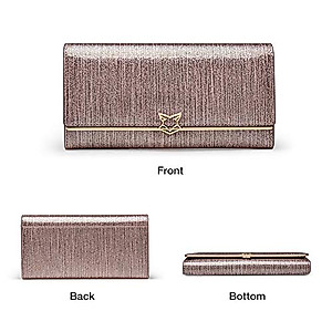 FOXER Glitter Bifold Wallets for Women, Split Cowhide Gift Box Packing Ladies Leather Clutch Purses with Zipper Coin Pocket Women's Credit Card Holder Womens Shiny Evening Wallet Sparkling Rose Gold