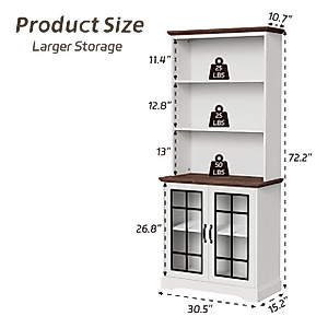 Bevfint 72" Tall Bookcase, White and Brown Design Large Floor Standing Bookshelf, 5 Tier Shelves with Door Storage Cabinet for Living Room Hallway Kitchen Home Office Bedroom, with Glass Door - 5 Tier