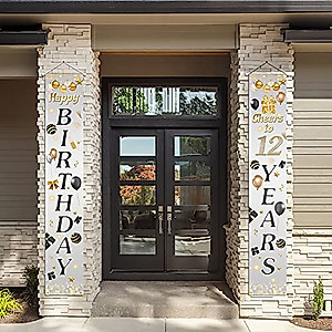 Happy 12th Birthday Porch Sign Door Banner Decor Gray – Cheers to 12 Years Old Party Theme Decorations for Boys Girls Supplies