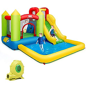 Costzon Inflatable Water Slide, Water Bounce House Combo for Kids Outdoor Fun with Large Jumping Area, 480w Blower, Climbing, Splash Pool, Waterslides Park Inflatable for Kids Backyard Party Gifts