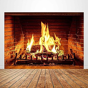 Ladvis 5x3ft Fireplace Burning Firewood Backdrop Christmas Fireplace Backdrop Xmas Background for Winter Holiday Family Party Interior Decorations Festival Banner Photography Photo Studio Propss