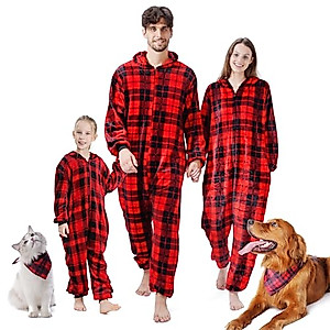 Seaforie Matching Pajamas for Couples,2024 Onesies Flannel Women's Pijamas,One-Piece Red Plaid Fleece Pjs for Men Family (Pet Small)