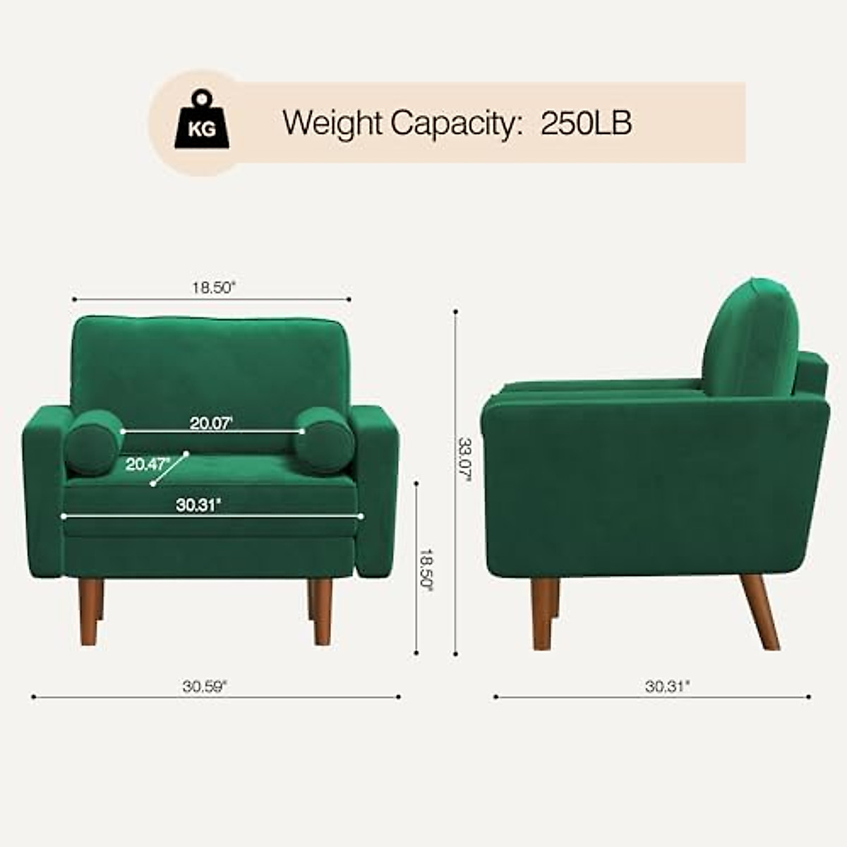 Vesgantti Green Velvet Accent Chair, Mid Century Modern Living Room Chairs, Button Tufted Arm Chairs with 2 Pillows, Comfy Sofa Chairs for Bedroom, Office
