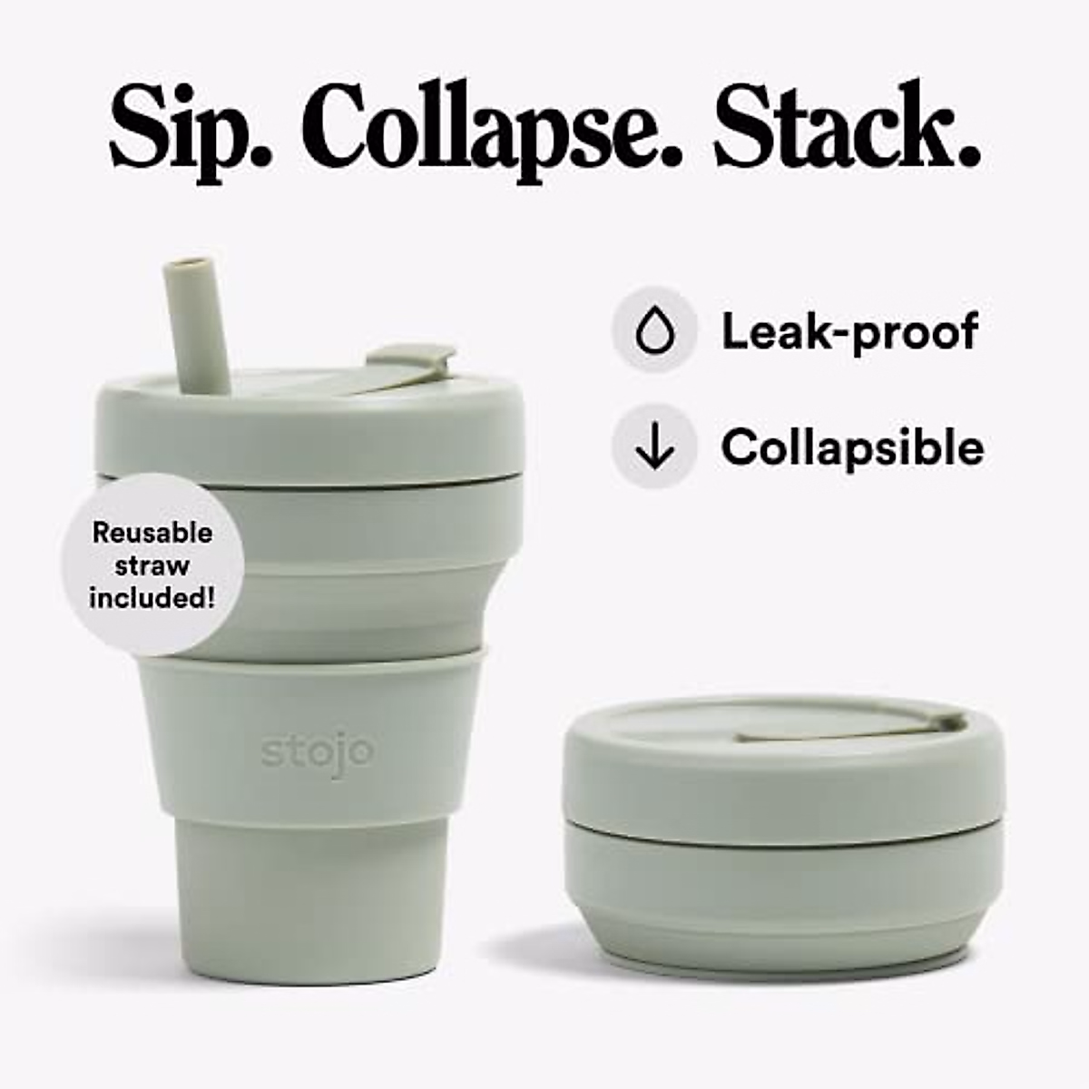 STOJO Collapsible Travel Cup With Straw - Sage Green, 16oz / 470ml - Reusable To-Go Pocket Size Silicone Bottle for Hot and Cold Drinks - Perfect for Camping and Hiking - Microwave & Dishwasher Safe