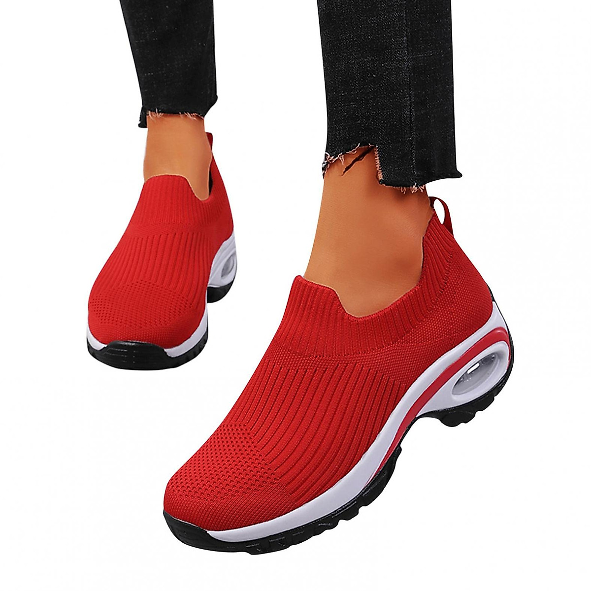 Hbeylia Fashion Platform Wedge Walking Shoes for Women Ladies Slip On Mesh Air Cushion Breathable Blade Non Slip High Heels Fitness Running Sport Sneakers Fall Dress Shoes for Jogging Work Nurse Red