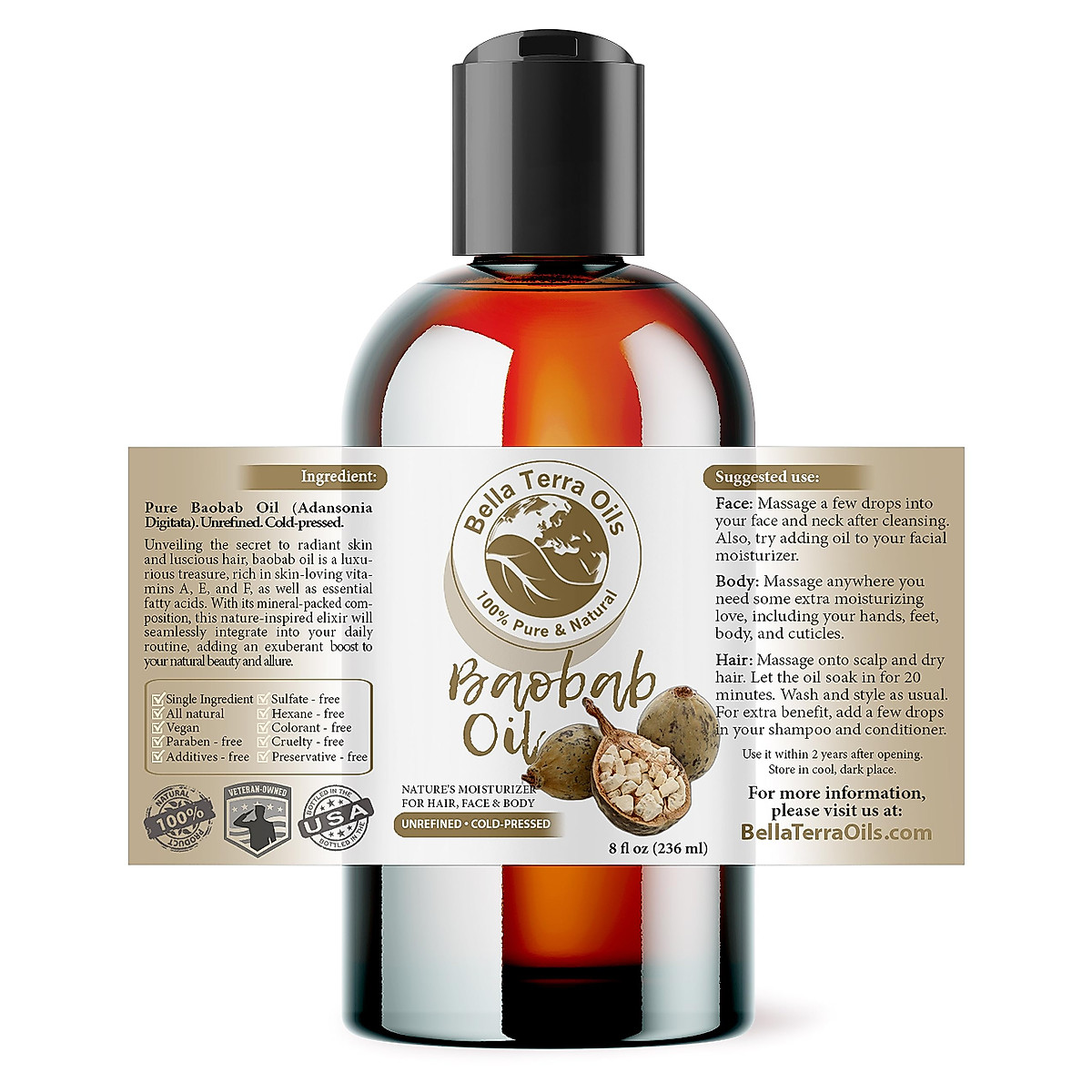 Bella Terra Oils - Baobab Oil 8 oz - Derived from the Majestic Baobab Tree, Enriched with Vitamin A & F, For a Smooth, Plush Skin Experience