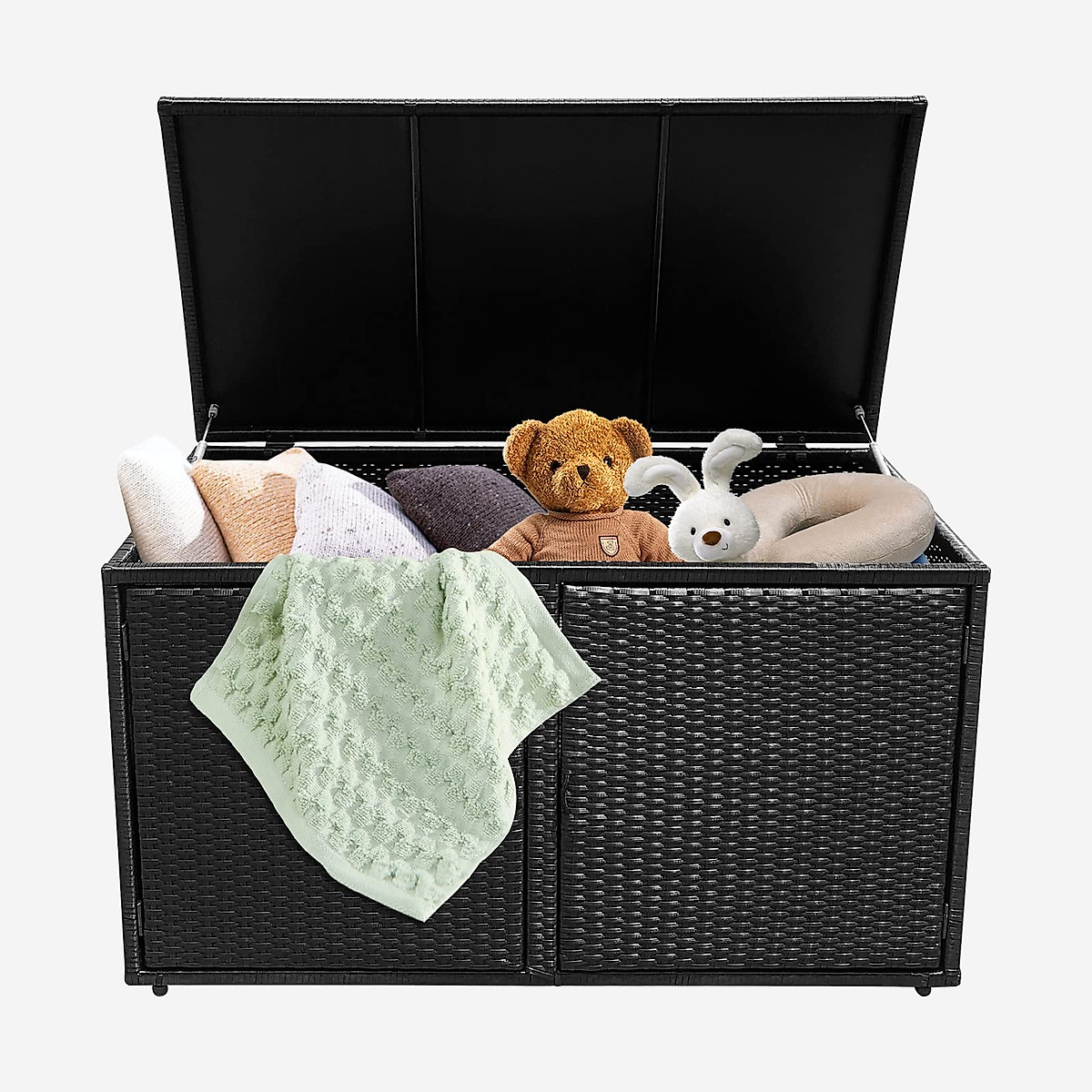 RELAX4LIFE PE Wicker Storage Box - Outdoor 88 Gallon 2-Tier Deck Box for Patio Furniture Toys Storage w/Lid & Front Doors, All Weather Rattan Storage Bin for Backyard Garden Poolside Porch (Black)