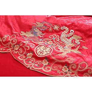 I-MART Queen Size Chinese Traditional Red Sheet Asian Bedding with Dragon and Phoenix Bird Embroidery Duvet Cover Set 4 Pcs