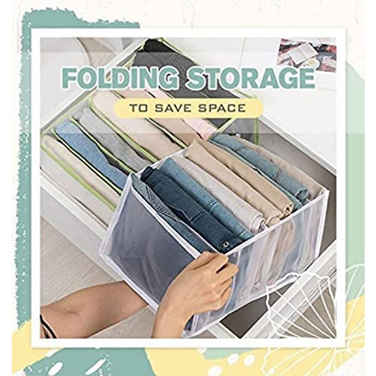 NEATR Wardrobe Organizer, 7 Grids Washable Clothes Organizer for Folded Clothes, 2 Pieces Foldable Wardrobe Clothes Organizer for Jeans, Dividers Nylon Clothing Organizer for Drawer (14.2Lx9.84Wx7.87H inch)