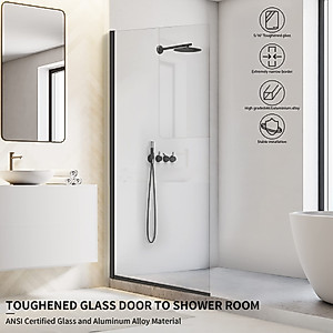 Bathroom Shower Door Screen, 34 in. W x 74 in. H Single Panel Frameless Shower Screen with Tempered Glass, for Bathroom and Bathtub, Clear Shower Door Screen with Matte Black Rods