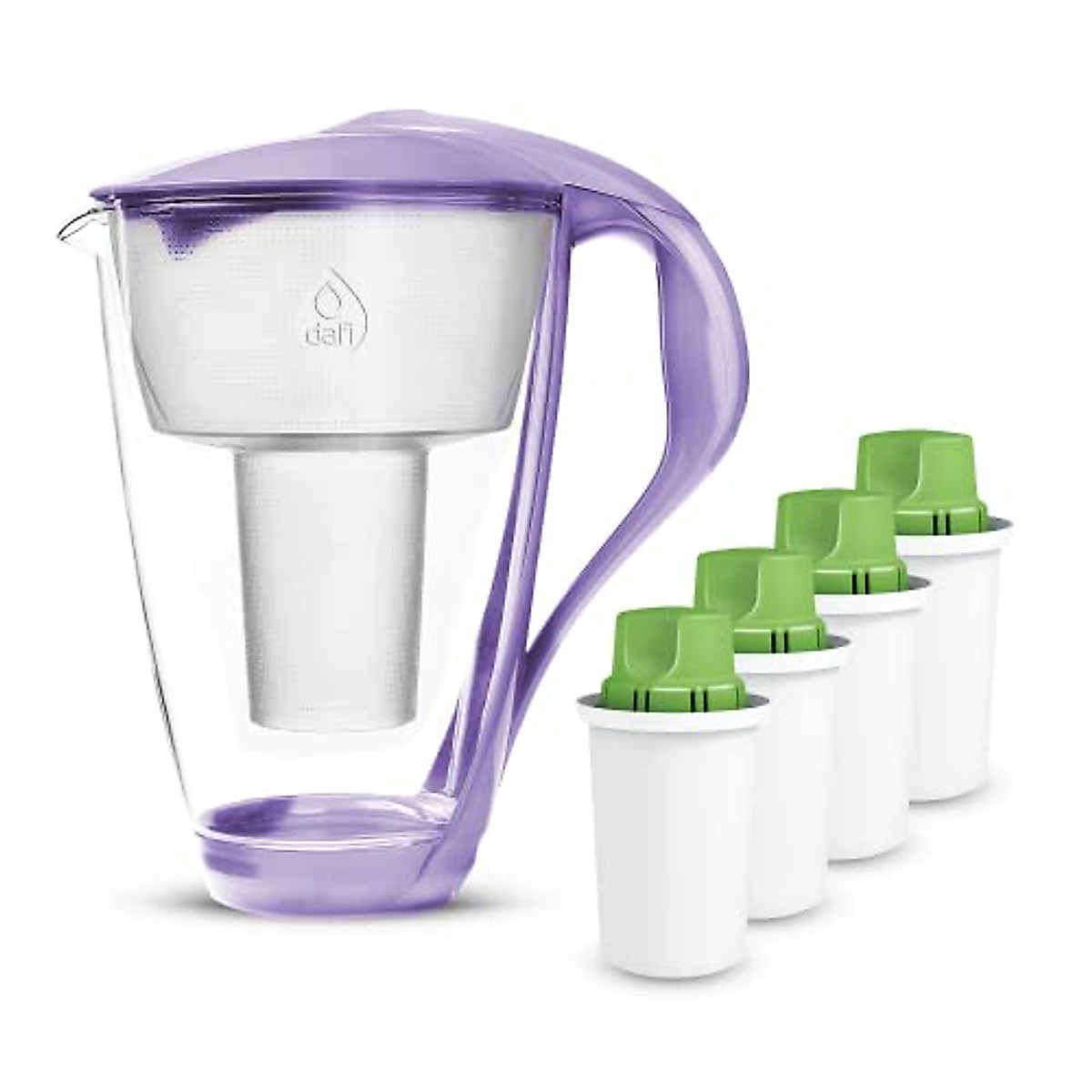 DAFI LED Glass Water Filter Pitcher 64 oz with Alkaline Filter + 3pack Alkaline Filters | Filters Compatible with Brita | Water Purifier Filter Jug Water Purifer | Water Cartridges | Violet