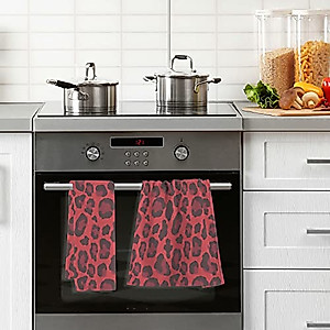 Jucciaco Red Leopard Pattern Cotton Towels for Bathroom, Soft Absorbent Hand Towel Set of 2 for Kitchen Yoga Gym Decorative, 16x28 inch