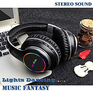 Bluetooth Headphones,Wireless/Wired Over Ear Headset,Hi-Fi Bass Stereo, Built-in Mic,LED Light Up,Foldable,Micro SD/TF, FM for Adult Teen Kid for Phone/Samsung/Pad/PC/Android/Laptop/TV(Black)