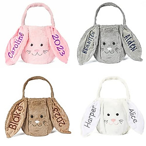 Personalized Easter Candy Basket with Embroidered Name - Custom Bunny Plush Tote Bag Easter Baskets for Kids - Egg Bucket Goodies Bags for Easter - Cute Easter Gift Carrying Buckets- Gray