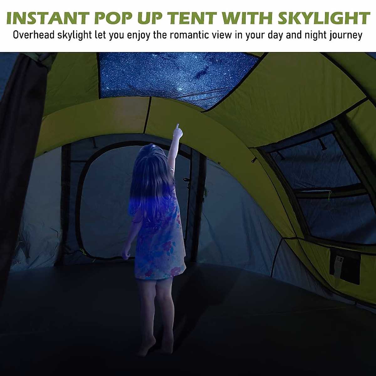 Pop Up Tent, HIKERBRO 4 Person Instant Tent with Skylight, Waterproof Instant Pop Up Tent with Rainfly, Easy Setup Camping Tents, 2 Doors & Windows, 4 Men Automatic Family Tent for Hiking, Traveling
