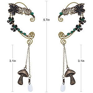 Renaissance Handmade Cherry Blossom Elf Fairy Ear Cuffs - Bronze Forest Antique Vintage Earrings with Green Rhinestone Delicate Dangle Ear Jewelry for Women Christmas Halloween Costume Dress Up Accessory