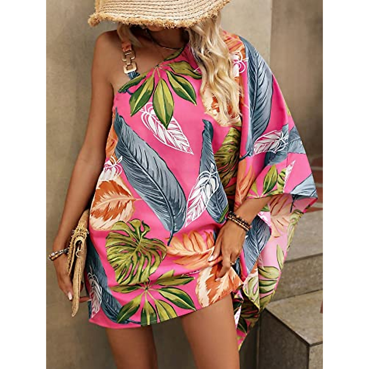 WDIRARA Women's Tropical Print Chain Detail Boho Dress Asymmetrical Neck Half Sleeve Mini Dress Pink M