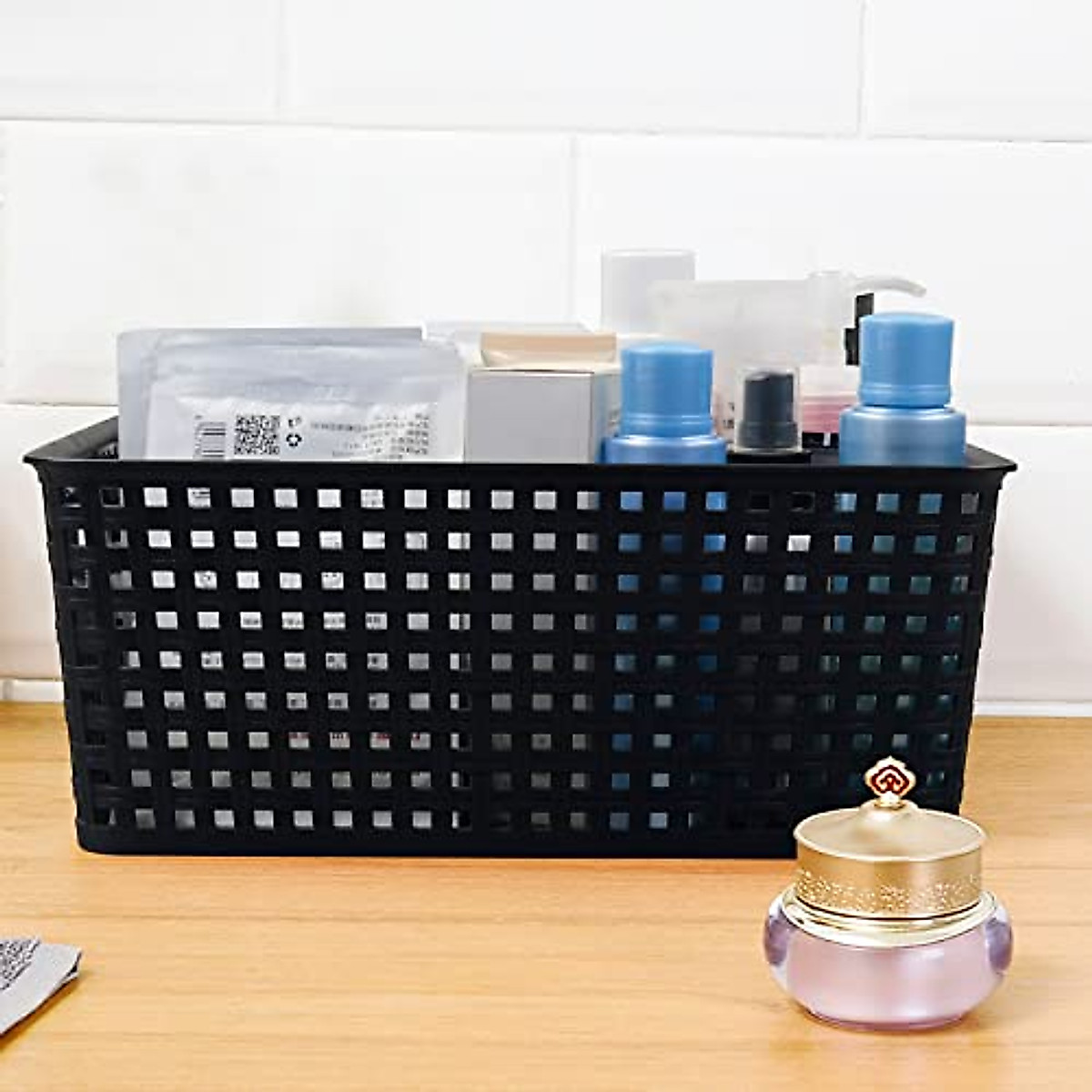 Obstnny Plastic Pantry Storage Basket, Organzing Basket Bin, Black, 4 Pack