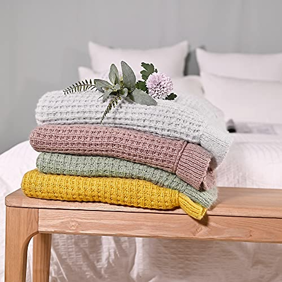 Amélie Home Soft Cozy Waffle Knit Throw Blanket with Ruffled Fringe, Decorative Lightweight Knitted Throw Blankets for Couch Bed Sofa (Misty Rose, 50'' x 60'')