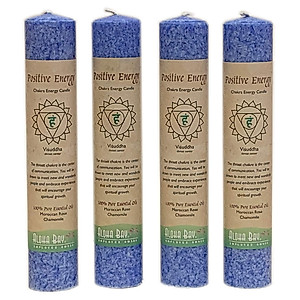 Aloha Bay Chakra Energy Pillar Candles | Meditation and Balance Set (4 pack, Positive Energy - Visuddha | Moroccan Rose, and Chamomile)