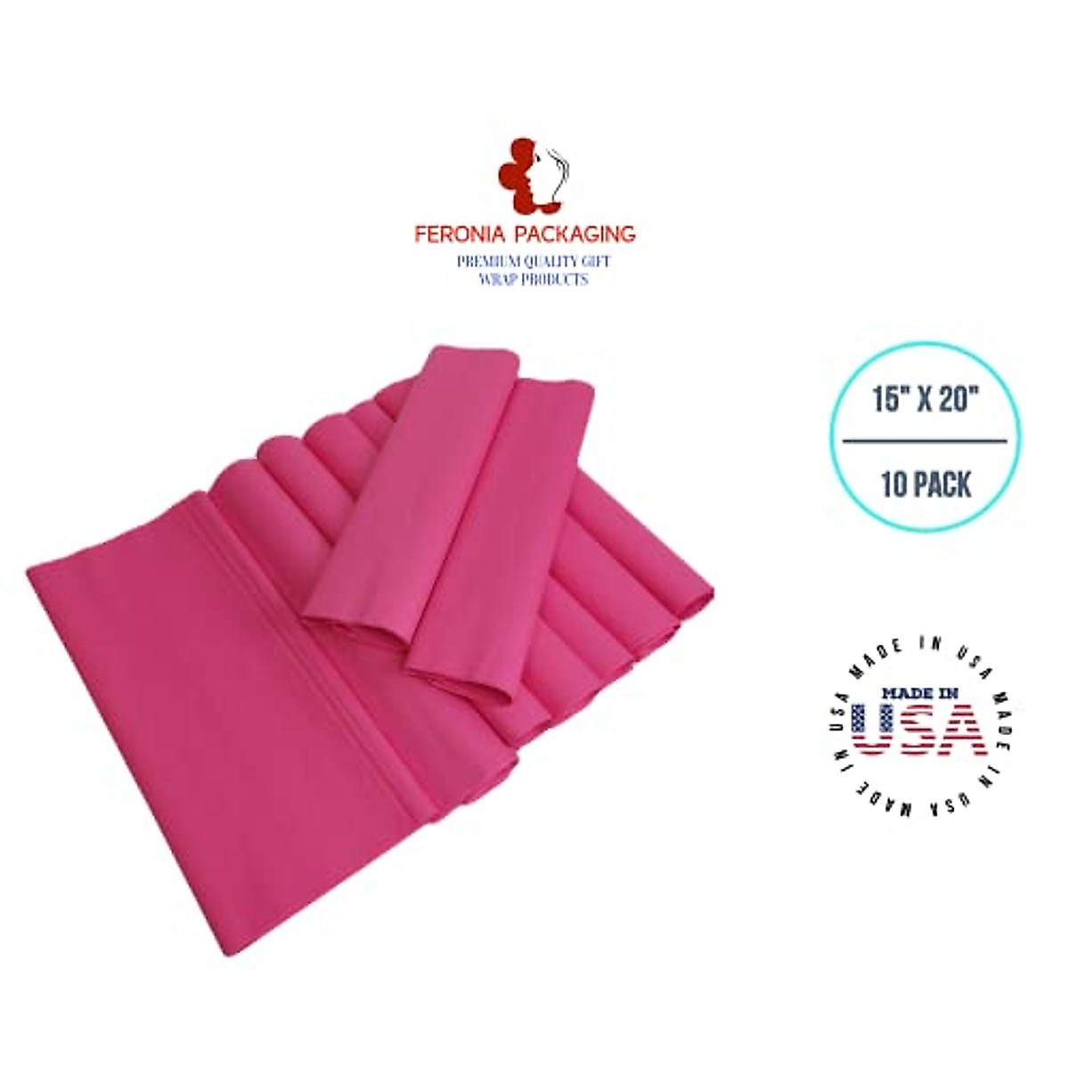 Feronia packaging Hot Pink Tissue Paper Squares, Bulk 10 Sheets, Premium Gift Wrap and Art Supplies for Birthdays, Holidays, or Presents, Large 15 Inch x 20 Inch Made in USA