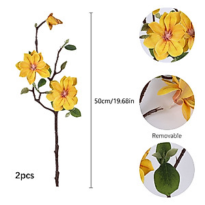XHXSTORE 2pcs Magnolia Flowers Stems Fake Yellow Flowers Real Touch Flower Artificial Flowers Stems with Leaves for Vase Floral Arrangement for Wedding Table Centerpieces Home Office Garden