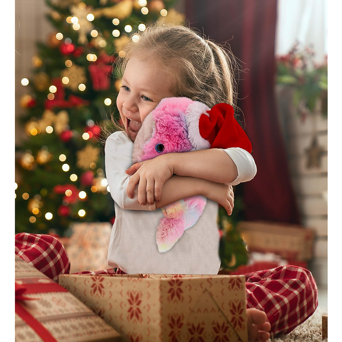 DolliBu Santa Rainbow Whale Stuffed Animal Plush Toy - Super Soft Wild Animal Dress Up with Red Santa Claus Hat, Cute Wildlife Gift, Perfect Holiday with Name Personalization - 7 Inches
