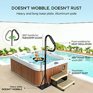 Hot Tub Handrail with Cup Holder Tray 56" Height 360 Rotatable Rust Proof Aluminum Hot Tub Railing with Slide Under Mount Base for Spa Hot Tub 600 LBS Capacity Hand Rail