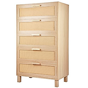 Graficial 5 Drawer Dresser, Chest of Drawers, Hamilton Rattan Tall Bedside Storage Table, Oak Dresser for Bedroom,Living Room