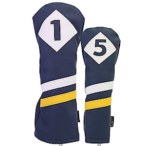 Majek Retro Golf Headcovers Blue White and Yellow Vintage Leather Style 1 & 5 Driver Fairway Head Cover Fits 460cc Drivers Classic Look