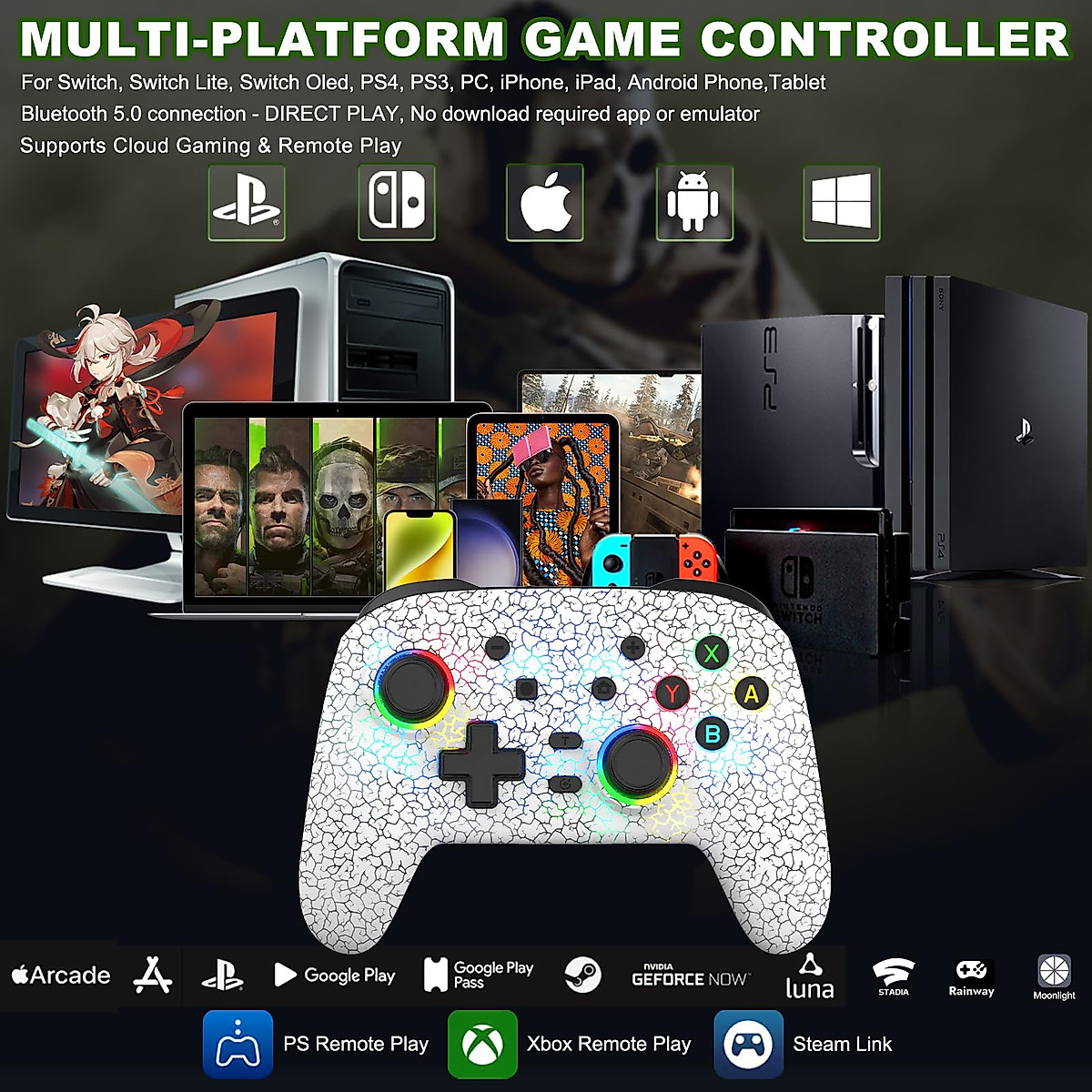 arVin Switch Controller, Wireless Switch Pro Controllers for Switch/Lite/OLED/PS4/PS3/PC/iPhone/Android Remote Gaempad Joystick with Unique Crack/9-Color RGB Light/6-Axis Gyro/Vibration/Turbo/Back Key