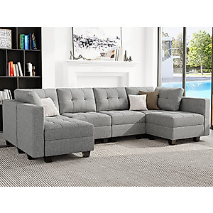 Belffin Modular U Shaped Sectional Sofa Couch with Reversible Chaises 6-seat Sectional Couch with Storage Seat Modular Sectional Set with Ottomans Light Grey
