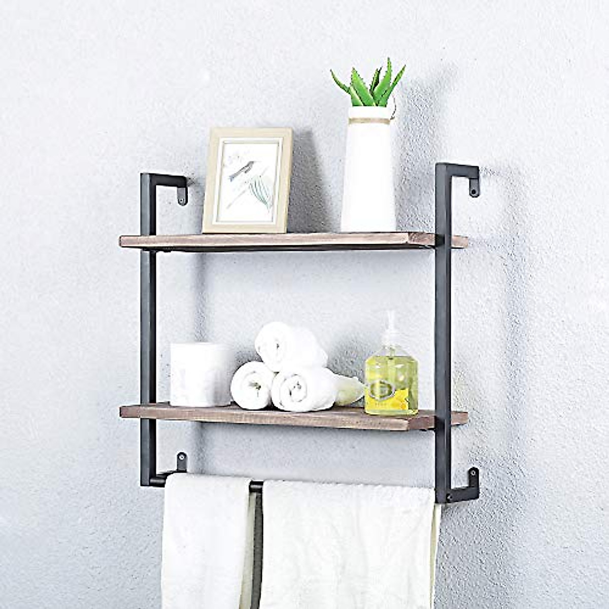 zyfun Rustic Floating Wall Shelves Rustic Wall Shelf with Towel Bar,Towel Racks for Bathroom (24“ 2-Tier)