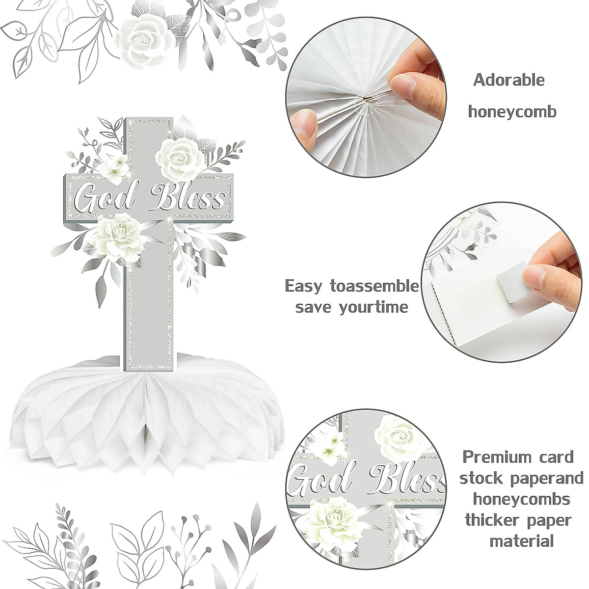 ANGOLIO White Sliver Floral Honeycomb Centerpieces - 12Pcs God Bless Table Decor Honeycomb Cross Centerpieces Baptism Religious Party Table Toppers for Bible Baby Shower Birthday Party Decor Supplies