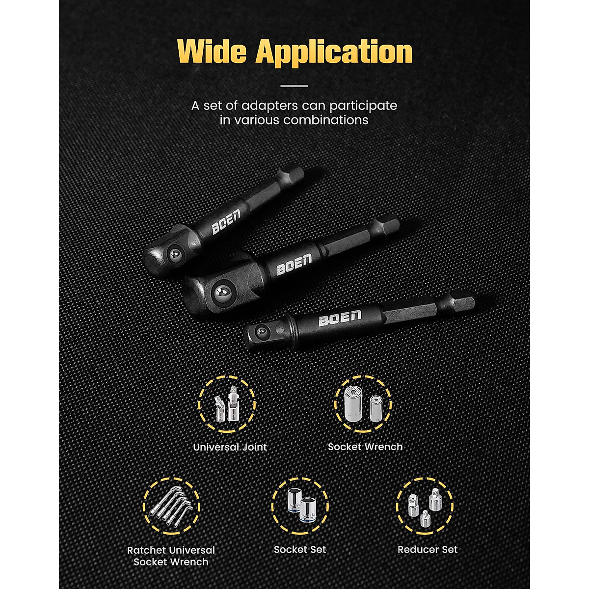 BOEN Impact Grade Socket Adapter Set, 3-PCS Drill Bit Adapter with Bit Holder, Sizes 1/4", 3/8", 1/2", 1/4-Inch SAE Hex Shank, Cr-V with Black Phosphate Finish
