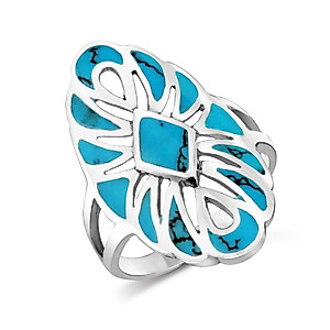 MIMI Sterling Silver Large Southwestern Native American Style Simulated Turquoise Ring (7.5)