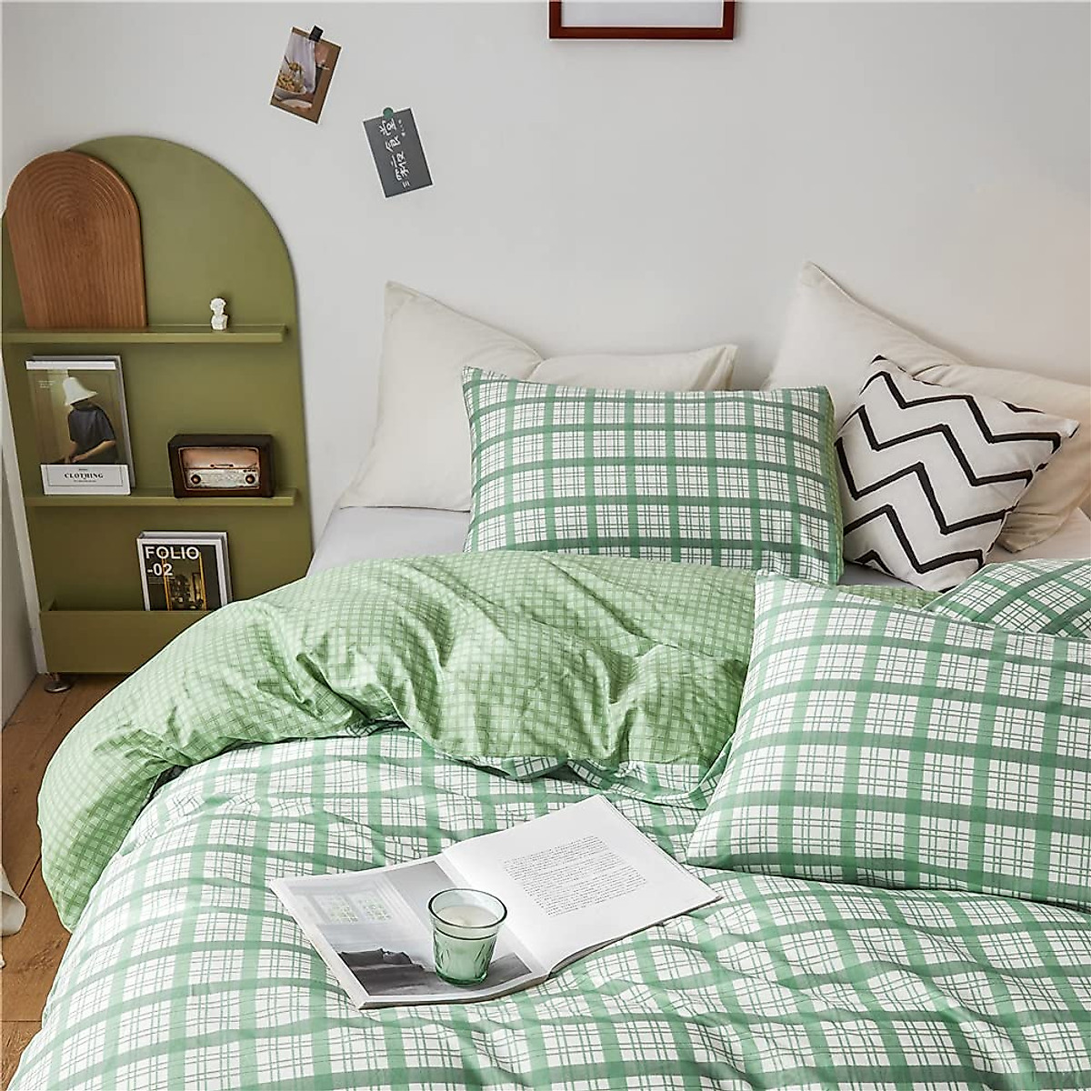 Lurson 100% Cotton Checker Geometric Duvet Cover Set Twin Size Aqua Light Green Reversible Plaid Bedding Comforter Cover Ultra Soft Grid Simple Quilt Cover with Zipper Closure Corner Ties