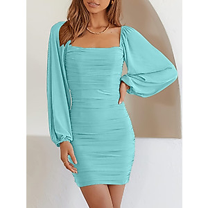 ANRABESS Women Long Sleeve Square Neck Mesh Ruched Bodycon Mini Dress Party Club Cocktail Formal Wedding Guest Short Dresses Blue Large