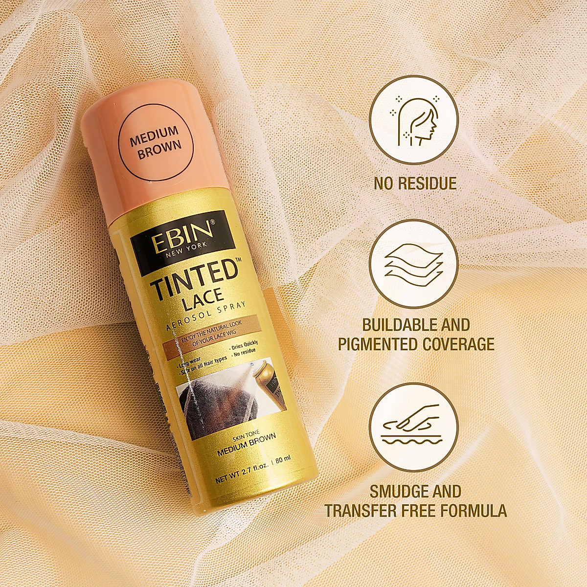 EBIN NEW YORK Tinted Lace Spray - Medium Dark Brown 2.7oz/ 80ml, Quick dry, Water Resistant, No Residue, High pigmentation, Even Spray, Matching Skin Tone, Natural Look, Tinted Spray for Wig