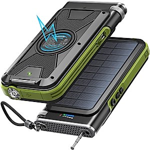 Fokimdo Solar Charger Power Bank 36800mAh, Wireless Charging, Built-in 2 Cables with Emergency Radio & Flashlight, Waterproof Fast Charge for Hiking, Camping, Travel, and Emergency Preparedness