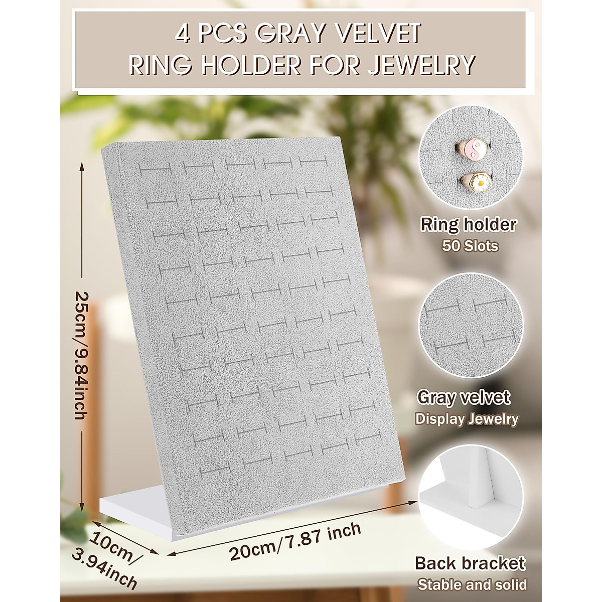 Henoyso 4 Pcs Velvet Ring Display 50 Slots Ring Stand Display Ring Holder for Selling Ring Organizer for Jewelry Tray Displays (Grey)