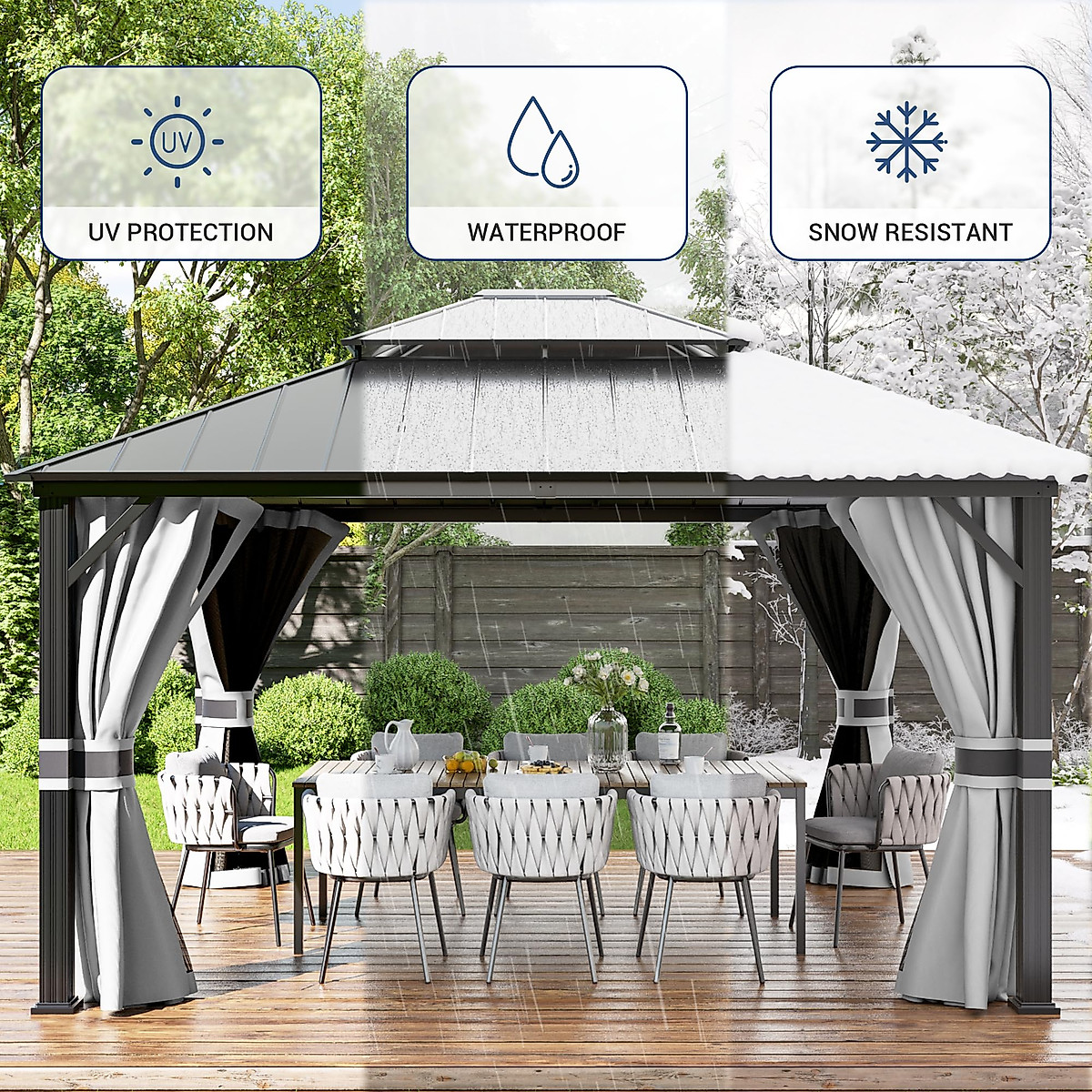 Amopatio 12' X 14' Hardtop Gazebo Permanent Aluminum Gazebos with Galvanized Steel Double Roof for Patio Lawn and Garden，with Curtains & Mosquito Netting