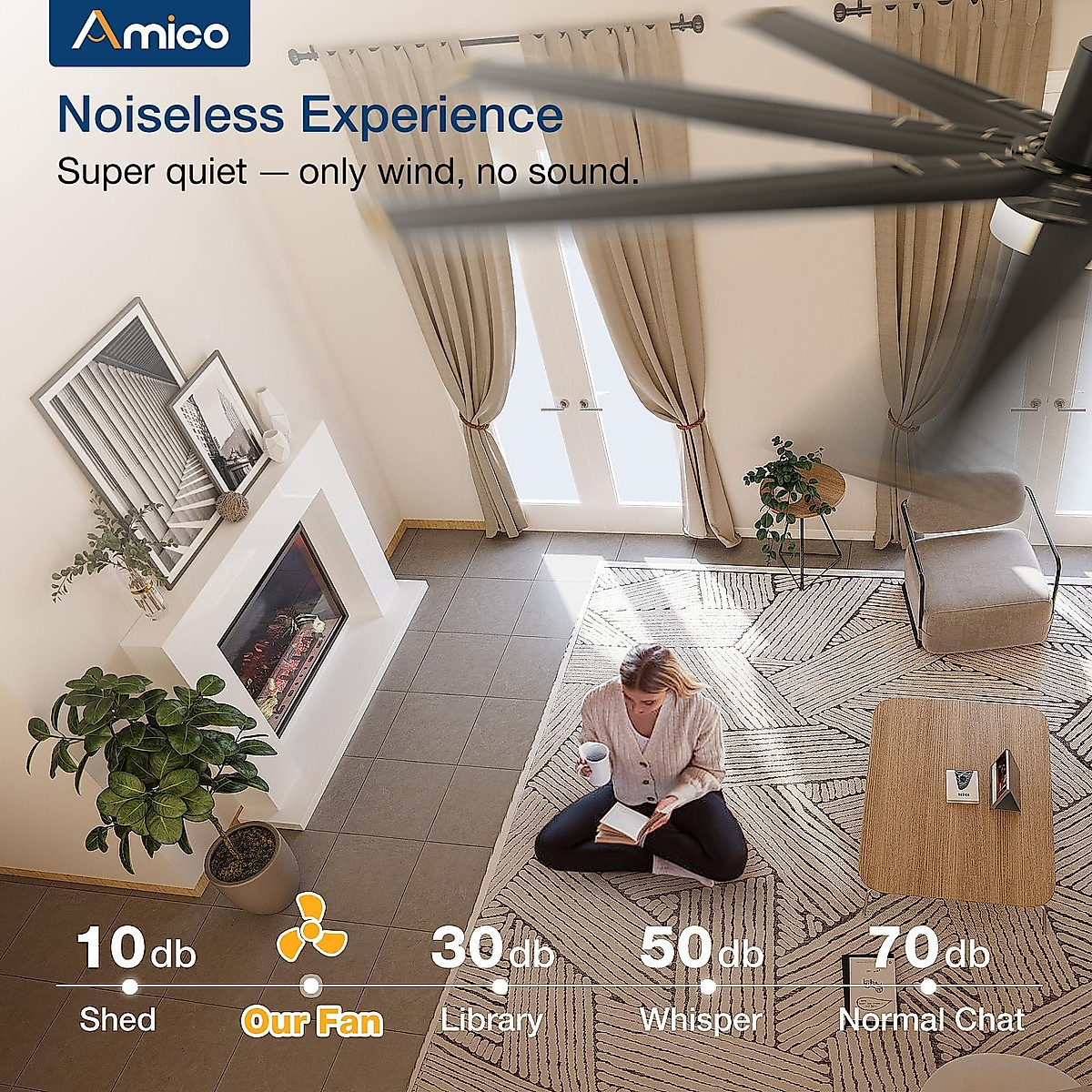 Amico Ceiling Fans with Lights, 72 Inch Indoor/Outdoor Large Industrial Ceiling Fan with Remote Control, Reversible, 8 Aluminum Blades, 3CCT, Dimmable, Damp Rated Black Ceiling Fan for Bedroom Patio