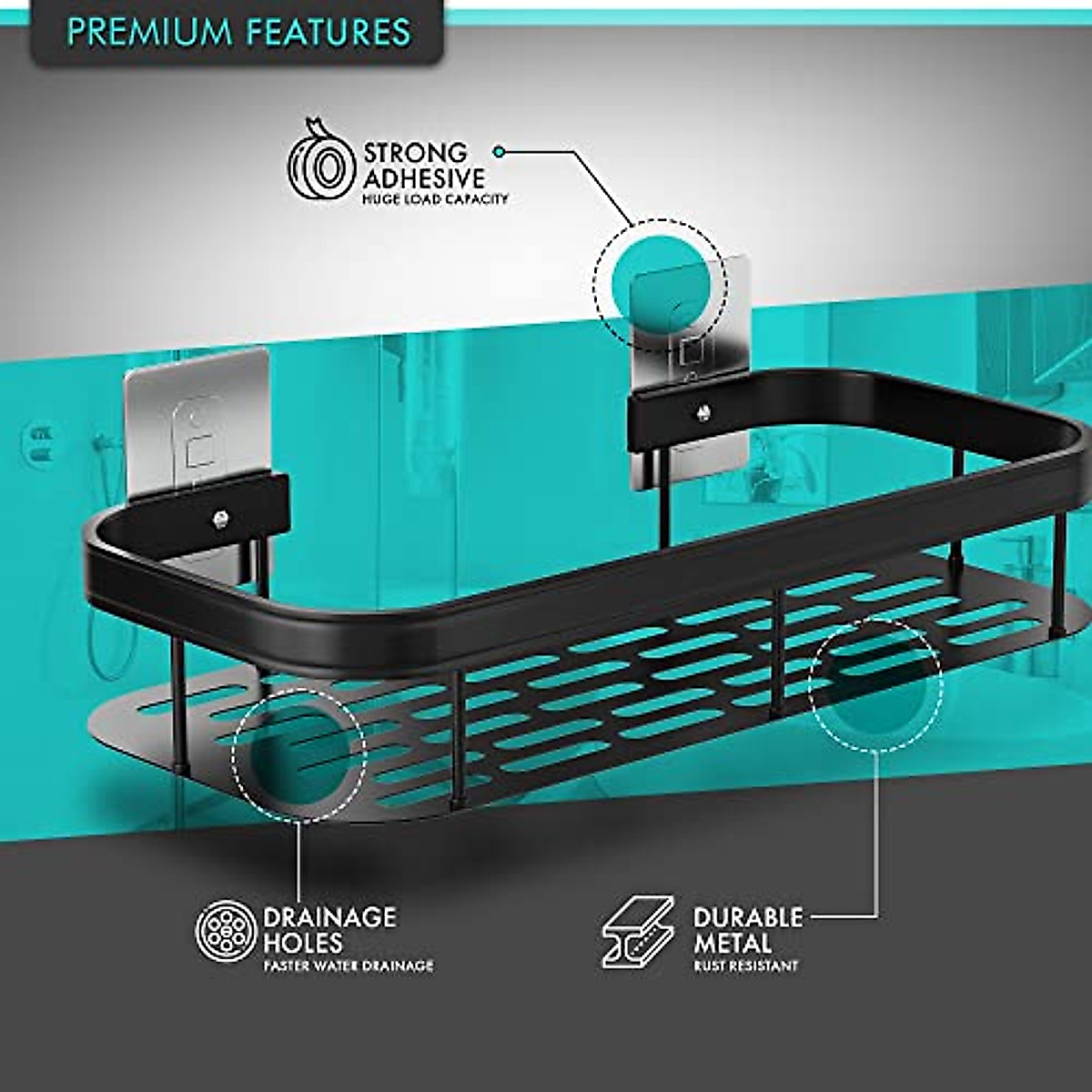 Wall Shower Caddy - Adhesive Shower Racks - Adhesive Bathroom Shelves - Shower Caddies Shelve - Rust-Proof - No Drilling - Simple Minimalistic Design - Black - 2-Pack