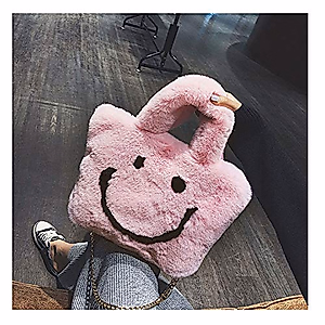 Women Smile Face Faux Fur Clutch Handbag Tote Bag Shoulder Bag Crossbody Bag with Detachable Chain (Light Pink)