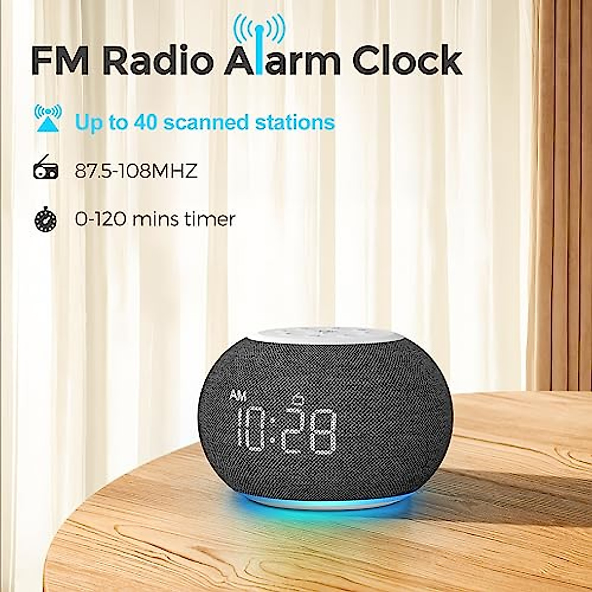 REACHER Auto Dimmable Alarm Clock Radio for Bedrooms, Improved Reception FM Radio, 9 Color Night Light, 0-100% Dimmer, 7 Wake Up Sounds, Sleep Timer, Small Digital Clock for Bedside