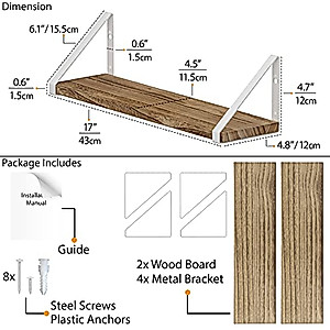 Wallniture Ponza Floating Shelves for Wall, Bathroom Organizer, Bookshelf for Living Room Decor, Kitchen Organization Burnt Finish with White Brackets Set of 2