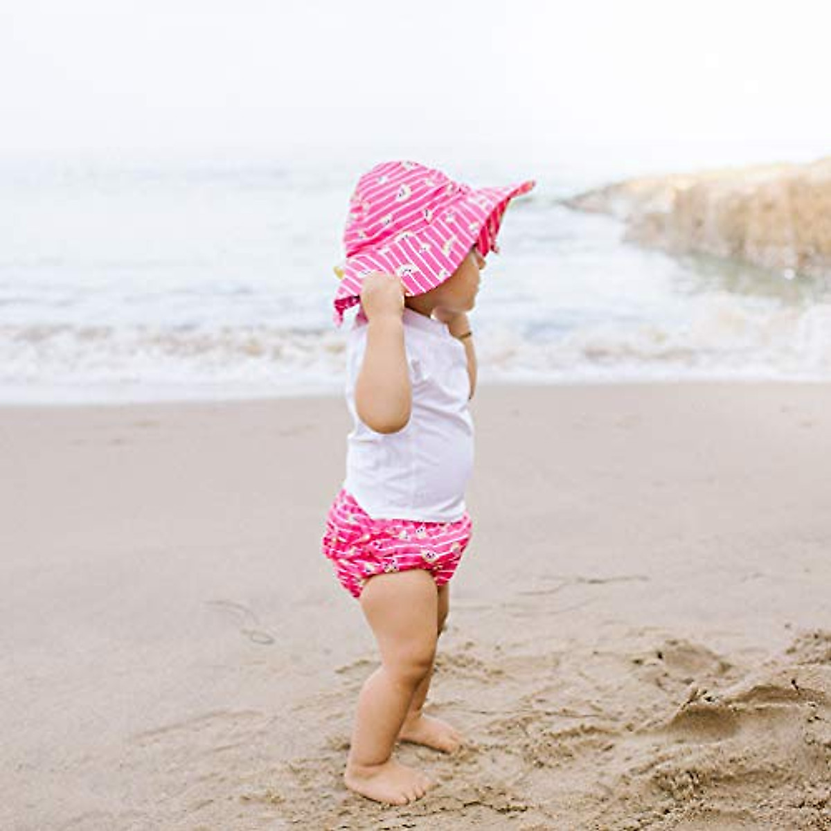 i play. by green sprouts unisex-baby Brim Sun Protection Hat | All-day UPF 50+ sun protection for head, neck, & eyes,Hot Pink Watermelon Stripe,6-12 Months