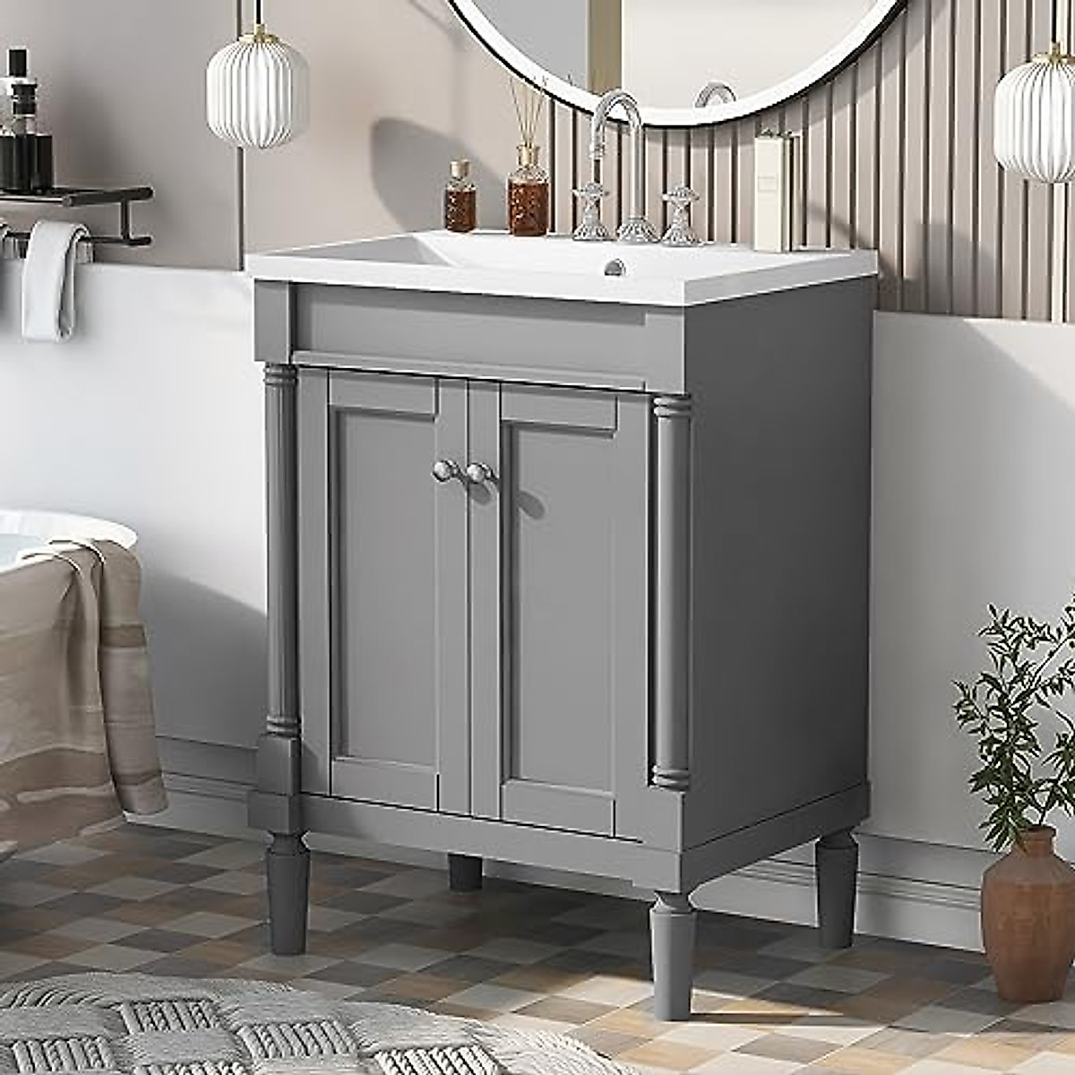 VKKILPEE 24 inch Bathroom Vanity Sink Combo Freestanding Bathroom Vanity with Top Sink, Bath Vanity Storage Cabinet with Large Storage Shelves, Modern Single Sink Bathroom Cabinet, Grey